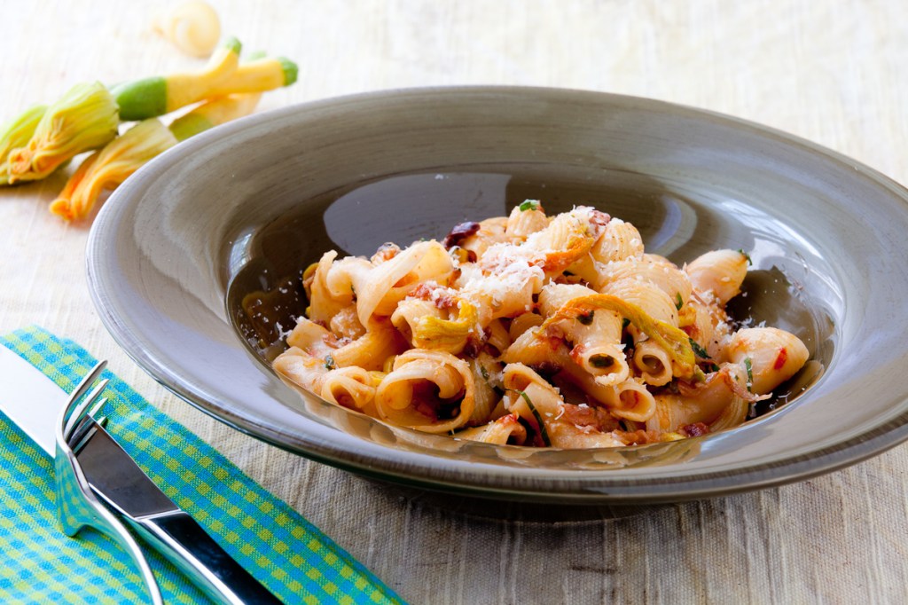 Torchio Pasta with Squash Blossoms | The Garum Factory