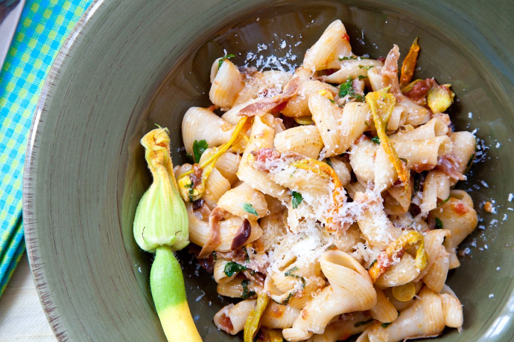 Torchio Pasta with Squash Blossoms | The Garum Factory